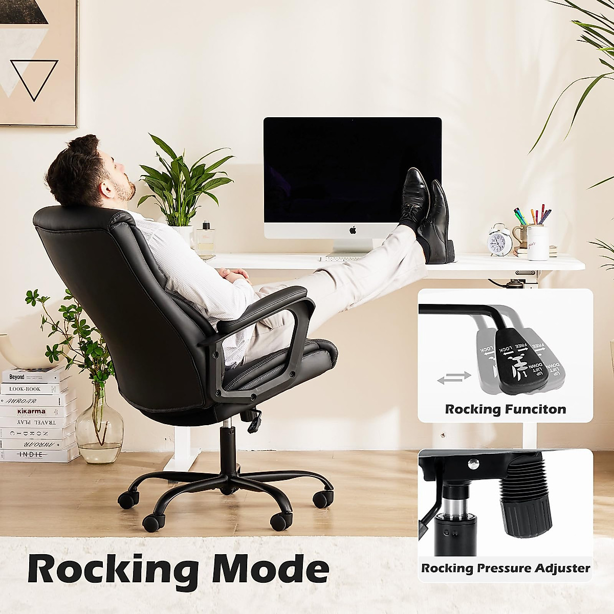 JHK Office Chair with Ergonomic Padded Armrest, Lumbar Support, Strong Metal Base PU Leather, Black