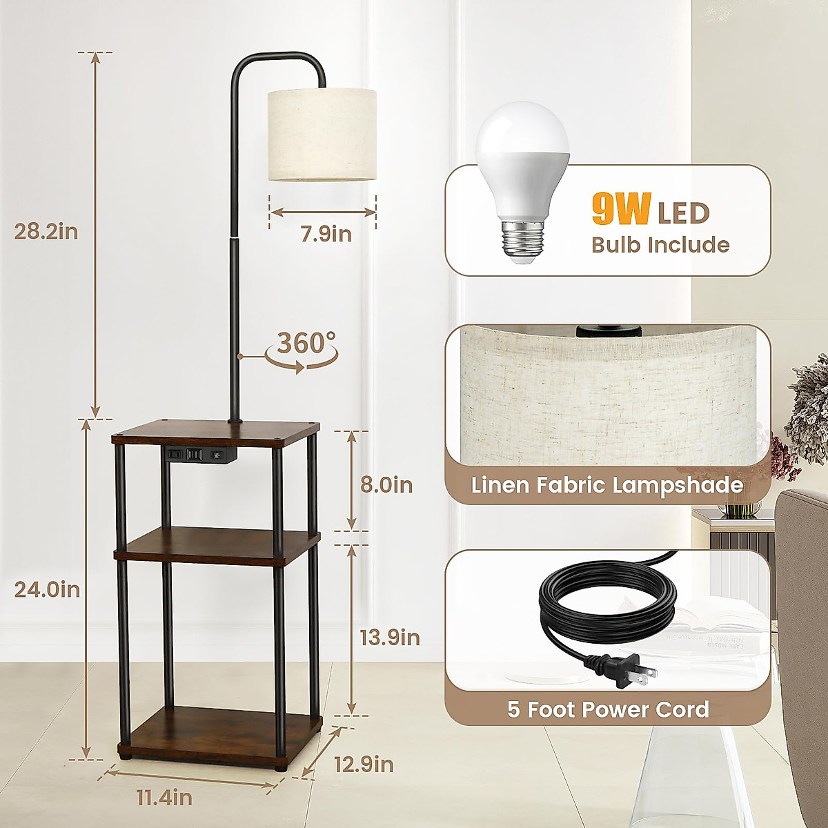 Hitish Floor Lamp with Table, Rustic End Table Lamp with USB Charging Port, Power Outlet & Shelves, Side Table Reading Light with Adjustable Color Temperatures & Brightness for Bedroom, Living Room