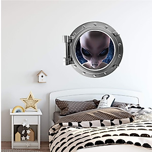 18" Port Scape Alien #1 Silver Porthole 3D Window Wall Decal Removable Wall Sticker Fabric Vinyl Outer Space Boys Bedroom Playroom Wall Art Decor