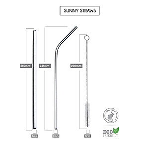 Sunny Straws Re usable Ultra-Long Stainless Steel Straw Set Including (2) Brushes & (1) Linen Pouch - PERFECT FOR COLD DRINKS AND TUMBLERS (Silver)