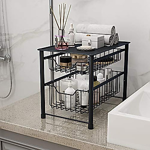 MAX Houser 2-Tier Stackable Organizer Baskets with Metal Sliding Drawers for Pantry, Under the Sink, Desktop Organizer for Bathroom,Kitchen, Office (Charcoal Grey)