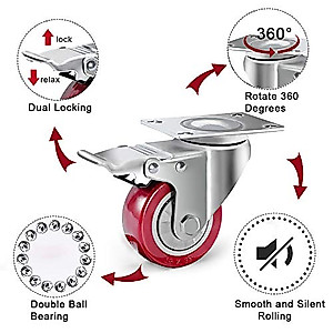D&L 3 Inch Plate Swivel Casters Wheels 1400lbs Heavy Duty Casters with Brake Polyurethane Dual Locking Casters Set of 4 Red DL-I3-001R