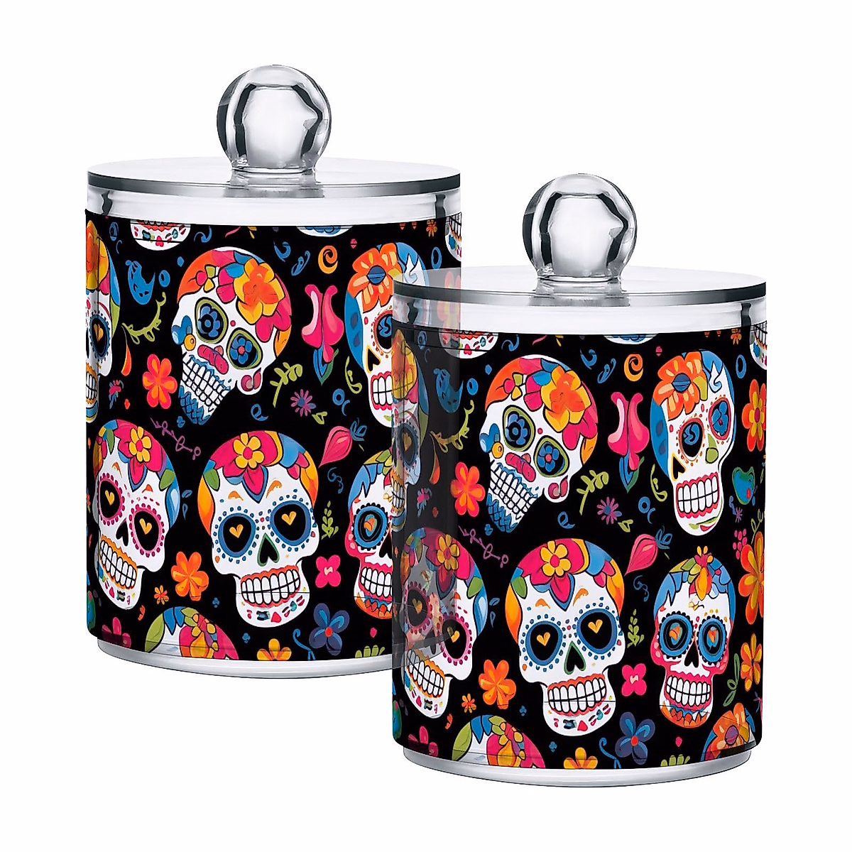 Day Of The Dead Skull Flowers Qtip Holder 2Packs Cotton Ball Holder Bathroom Organizer Dispenser Plastic Jar Apothecary Jars with Lids for Vanity Floss Cotton Pad Swab Room Home Decor