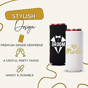 Bride and Groom Gifts Can Coolers, Set of 2, 1 White and 1 Black Beer Can Coolies, Cute Wedding Gifts, Novelty Can Cooler, Perfect Engagement or Gift, Bridal Shower Gift (Slim)