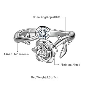 beautlace Rose Adjustable Rings Silver Plated Rose Flower Love Open Ring Elegant Wedding Engagement Jewelry Gifts for Women KR0076W