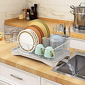 H-SPACE Dish Drying Rack, Space-Saving Dish Rack, Dish Racks for Kitchen Counter, Durable Metal Kitchen Drying Rack with a Cutlery Holder, Drying Rack for Dishes, Knives, Spoons, and Forks, White