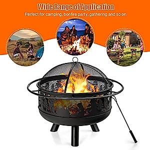 Tangkula Outdoor Wood Burning Fire Pit, 30 Inch Round Fire Pit Bowl w/Fire Poker, Grill & Spark Screen, 2-in-1 Powder-Coated Steel Firepit for Patio, Backyard, Barbecue, Bonfire (Black)