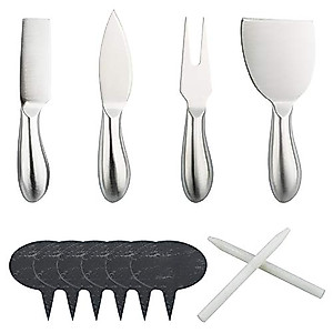 Set of 12, Stainless Steel Cheese Slicers with Cheese Markers and Soapstone Chalks, findTop 4 Pieces Cheese Slicer Cheese Cutter, 6 Pieces Natural Slate Cheese Labels, 2 Pieces Soapstone Chalks