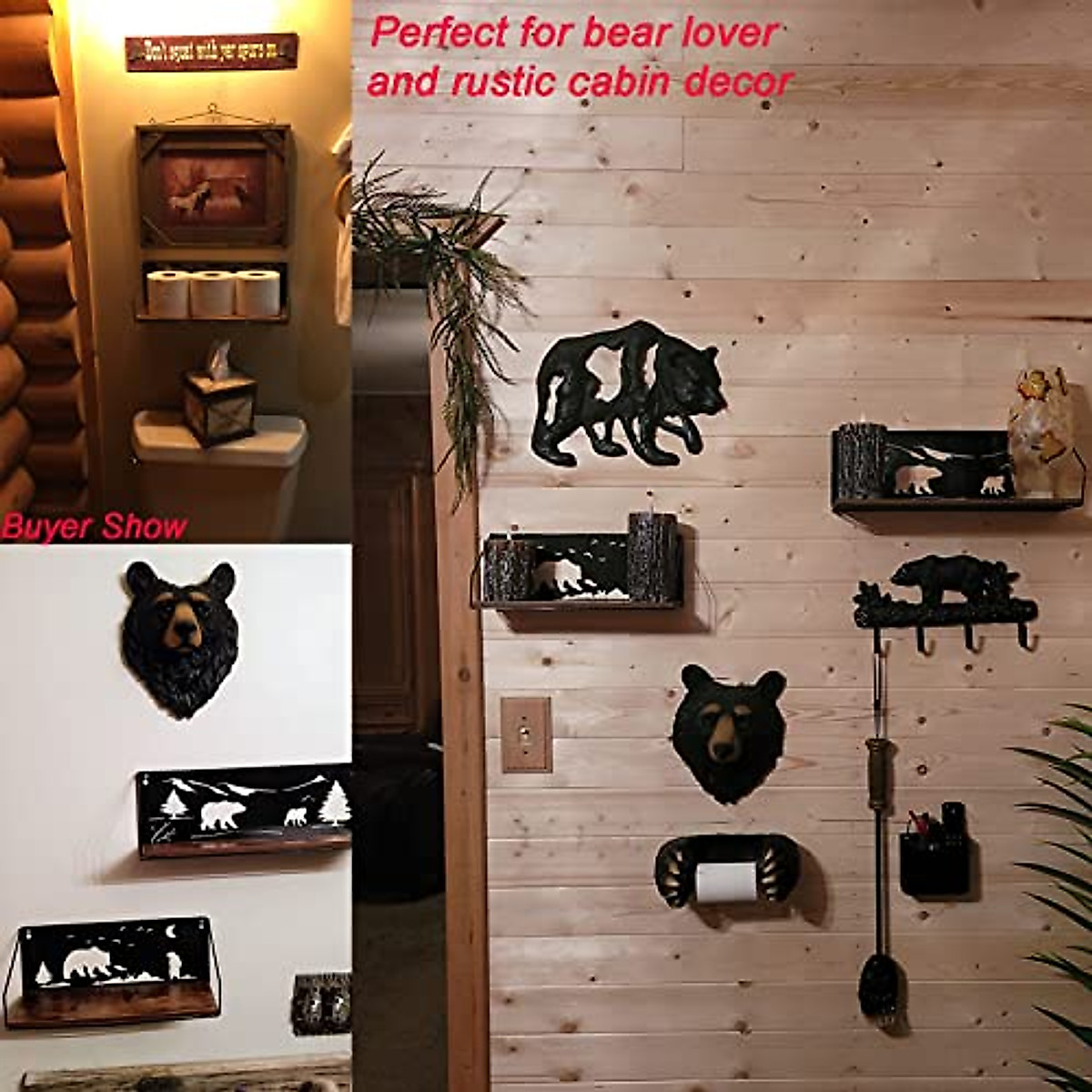 Giftgarden Floating Shelves for Wall with Unique Adorable Bears Cutouts, Rustic Wooden Iron Wall Shelf Decor for Bathroom Cabin Lodge Bedroom Kitchen Living Room Nursery, Black, Set of 2