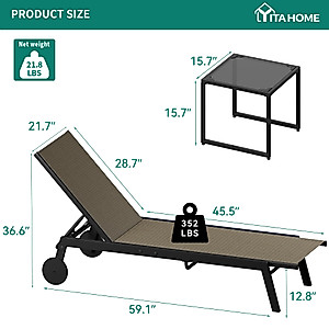 YITAHOME Patio Chaise Lounge Set of 3, Outdoor Lounge Chairs with Side Table, Adjustable Backrest Poolside Loungers with Wheels for Pool Beach Patio Lawn Porch - Brown