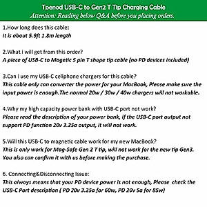 USB C to Magnetic 2 T Tip Adapter Charging Cable for MacBook Air Pro Charger 85w, USB-C to Magnetic T-Head 5 Pin Charge Cord for MacBook 11inch 13inch After 2012, Fit for 60w 45w
