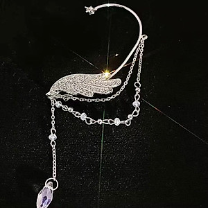 Face Shape Evil Eyes Ear Cuff Earring for Women Non-piercing Silver Abstract Simple Fashion Aesthetic Dainty Kpop Rhinestone Angel Wings Ear Wrap Crawler Hook Earring with Chain Charms (Silver 2)