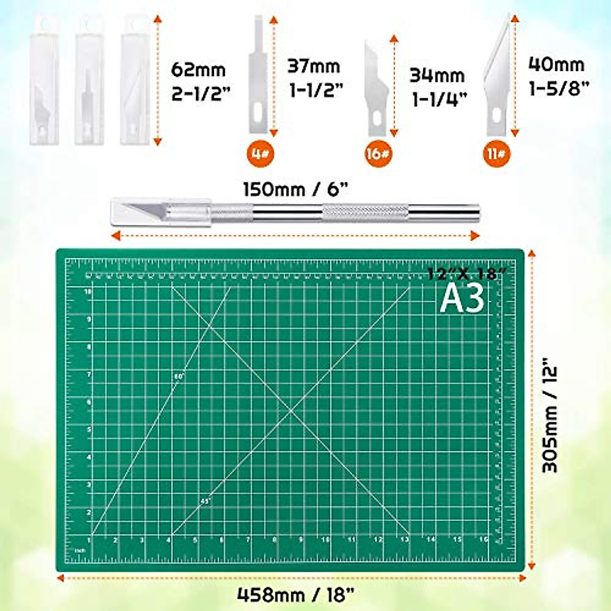 Audab 18" x 12" Self-Healing Cutting Mat and Craft Knife kit with 30Pcs Hobby Blades Art Knife for Craft, Sewing, Fabric, Quilting, Scrapbooking Project