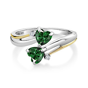 Gem Stone King 1.02 Ct Green Nano Emerald 925 Silver and 10K Yellow Gold Lab Grown Diamond 2 Heart Promise Couple Engagement Mother Ring (Size 9)