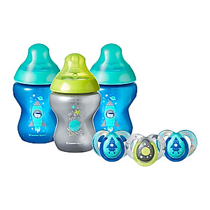 Tommee Tippee Closer to Nature Boldly Go Gift Set, 3x 9oz Baby Bottles, 3x 6-18mo Pacifiers, Slow Flow Breast-Like Nipple