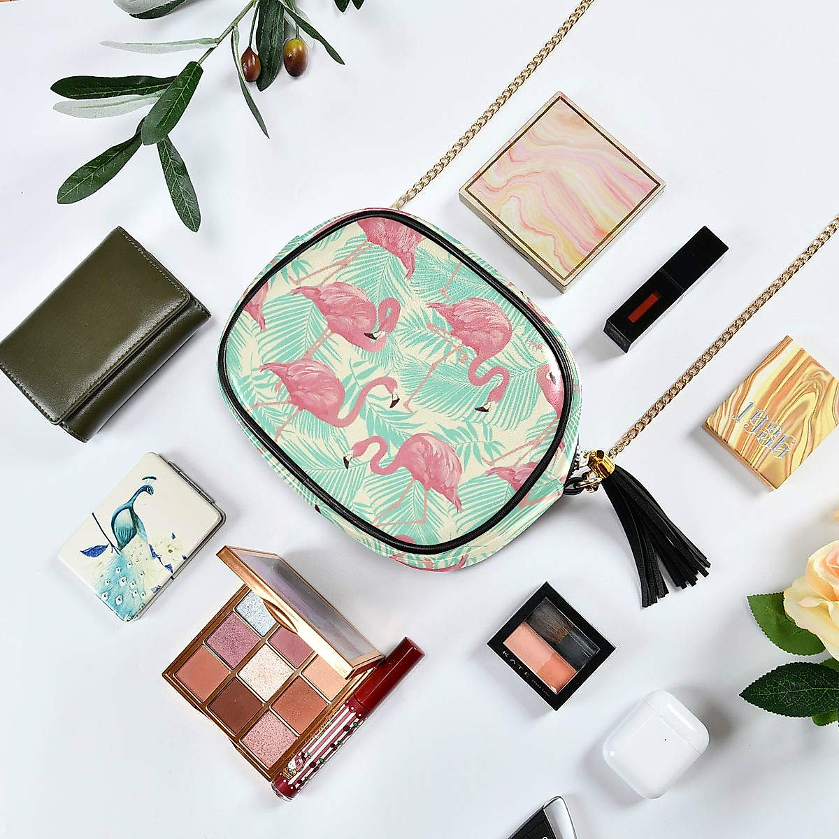 ALAZA PU Leather Small Crossbody Bag Purse Wallet Pink Flamingo Tropical Palm Leaf Cell Phone Bags with Adjustable Chain Strap & Multi Pocket