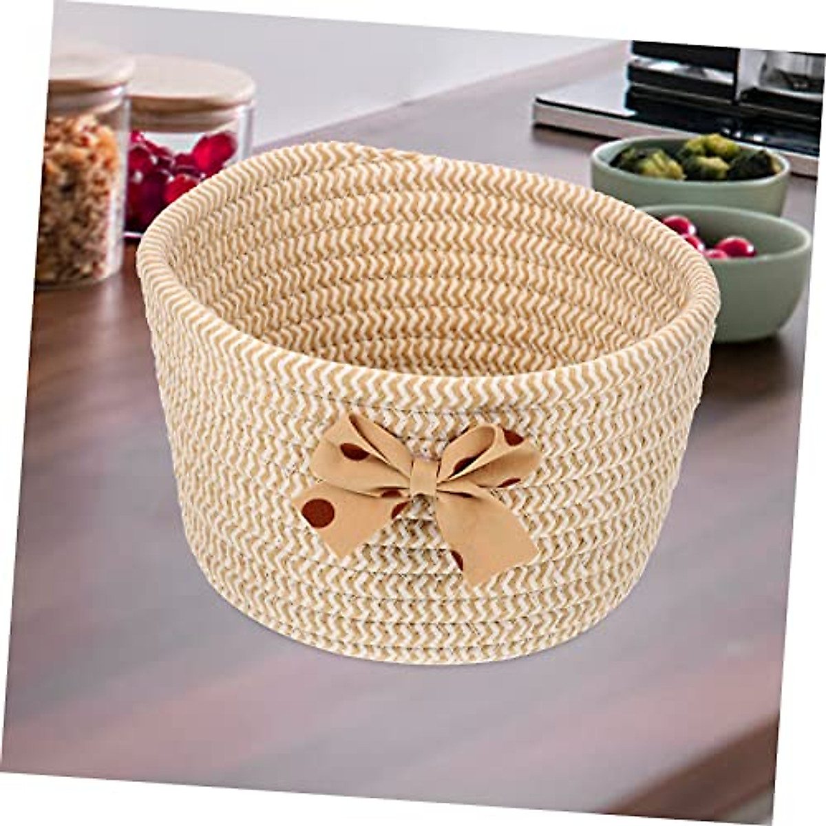 Cotton Rope Storage Basket Baby Keys Woven Storage Basket Table Top Decor Decorations for Shelves Foldable Basket Desktop Storage Basket Small Round Basket Manual Khaki Fabric