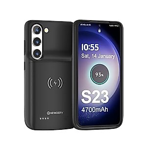 NEWDERY Galaxy S23 Battery Case, Qi Wireless Charging, Fast Charging, Sync Data Supported, 4700mAh Ultra Slim Portable Rechargeble Charger Case for Samsung S23 6.1"(2023 Newest) Black