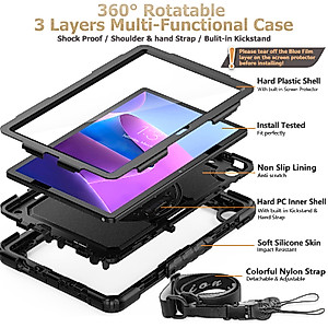 SEYMAC stock Drop-Proof Protection Case with 360° Rotate Stand &Strap [Pen Holder] & Screen Protector Tablet Cover for Lenovo Tab M10 Plus 3rd Gen (TB-125F/128F) 10.6", Black