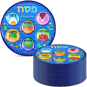 Quality Disposable Childrens Passover Seder Plates in Bulk 10" Deluxe Plastic Colorful Pesach Seder Plate for Kids Marked with Traditional Seder Food Specialty Dishware by Zion Judaica 24 Pack