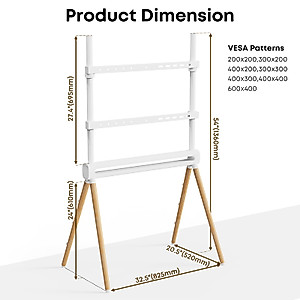 PUTORSEN Artistic Easel TV Floor Stand for 49 to 70 inch LED LCD Screens, Studio TV Display Stand with VESA 200x200 to 600x400mm and Max Load 100 Lbs, Adjustable TV Mount with 4 Legs, Color White