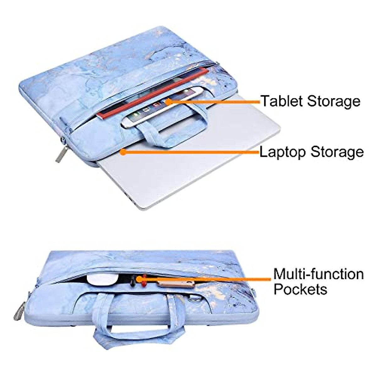 MOSISO Laptop Shoulder Bag Compatible with MacBook Air/Pro,13-13.3 inch Notebook,Compatible with MacBook Pro 14 inch 2023-2021 A2779 M2 A2442 M1, Watercolor Marble Sleeve with Trolley Belt, Blue