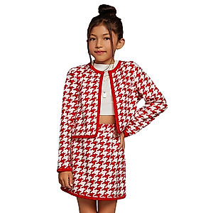 WDIRARA Girl's 2 Piece Outfits Houndstooth Zip Up Half Sleeve Jacket and A Line Skirt Set Red and White 10Y