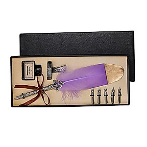 Quill Pen Set Feather Pen and Ink Set, Antique Calligraphy Dip Pen with Ink, 5 Replacement Nibs, Pen Stand Base, Luxury Vintage Signature Pen for Invitations Letters (Purple)