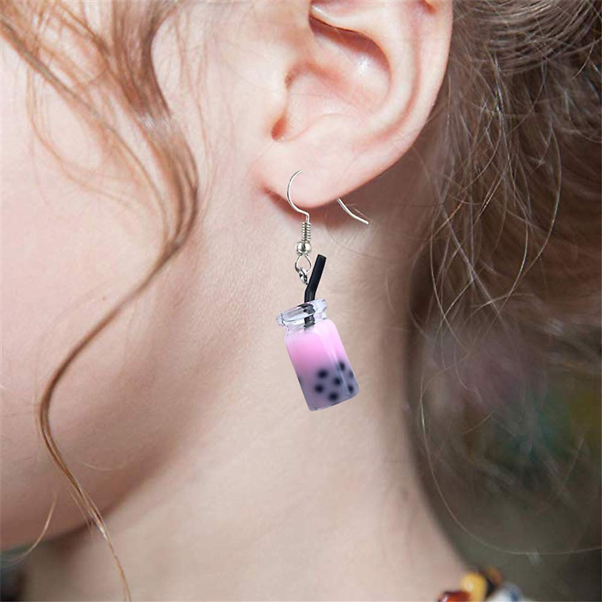6 Pairs Creative Unique Bubble Boba Tea Dangle Earrings Funny Personality Milk Tea Drink Earring Colorful Glass Bottle Funny Earrings for Women Party Jewelry Gifts (6 Color)