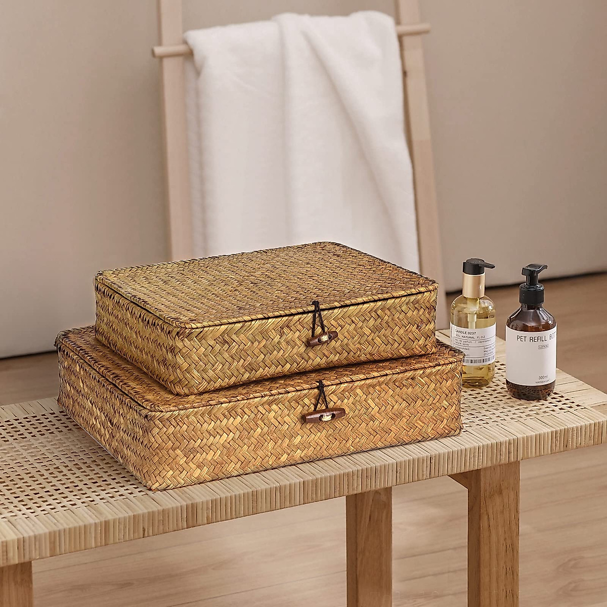 FOSSORH Set of 2 Flat Seagrass Storage Bins with Lid Wicker Storage Baskets for Organizing, Woven Shelf Organizer Bins Home Utility Organizer Box for Home & Office Supplies (Caramel)