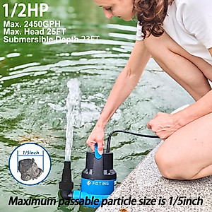 FOTING 1/2HP Submersible Water Pump with Stainless Steel Base - Removes Water to 0.04" Depth, 2450GPH Portable Sump Pump for Puddles, Pools, Boats, Gardens & Ponds - 10Ft Cord Included