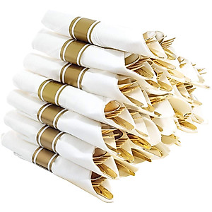 I00000 30 Guest Pre Rolled Napkins with Gold Plastic Silverware, Premium Disposable Cutlery Set Includes: 30 Forks, 30 Knives, 30 Spoons, 30 Napkins
