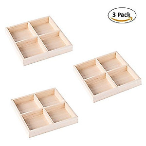 Hammont Four Sections Wooden Tray - 3 Pack - 7’’x7’’x1.22’’ - Square Wood Serving Tray with Four Simple Designed Compartments
