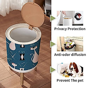 IBPNKFAZ89 Small Trash Can with Lid Beatnik 1950s Musical Cats Seamless in Dark Blue Pink Black and Green Garbage Bin Wood Waste Bin Press Cover Round Wastebasket for Bathroom Bedroom Office Kitchen