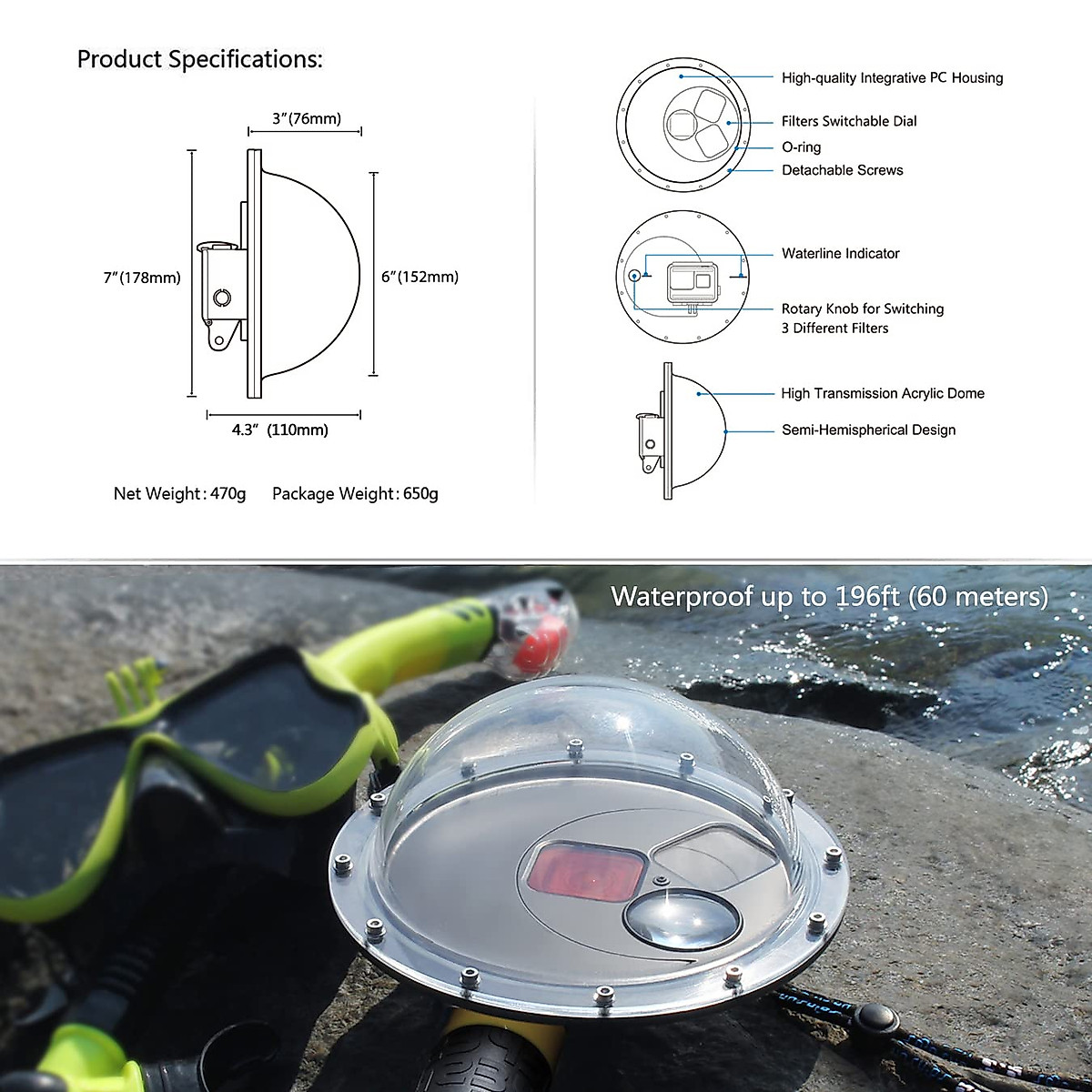 SOONSUN Waterproof Dome Port for GoPro Hero 5 Black Hero 6 Black Hero 7 Black Hero (2018) Camera, Underwater Dome Housing with Filters for GoPro Hero 5 6 7 Black, Built-in Red and 10x Close-up Filters