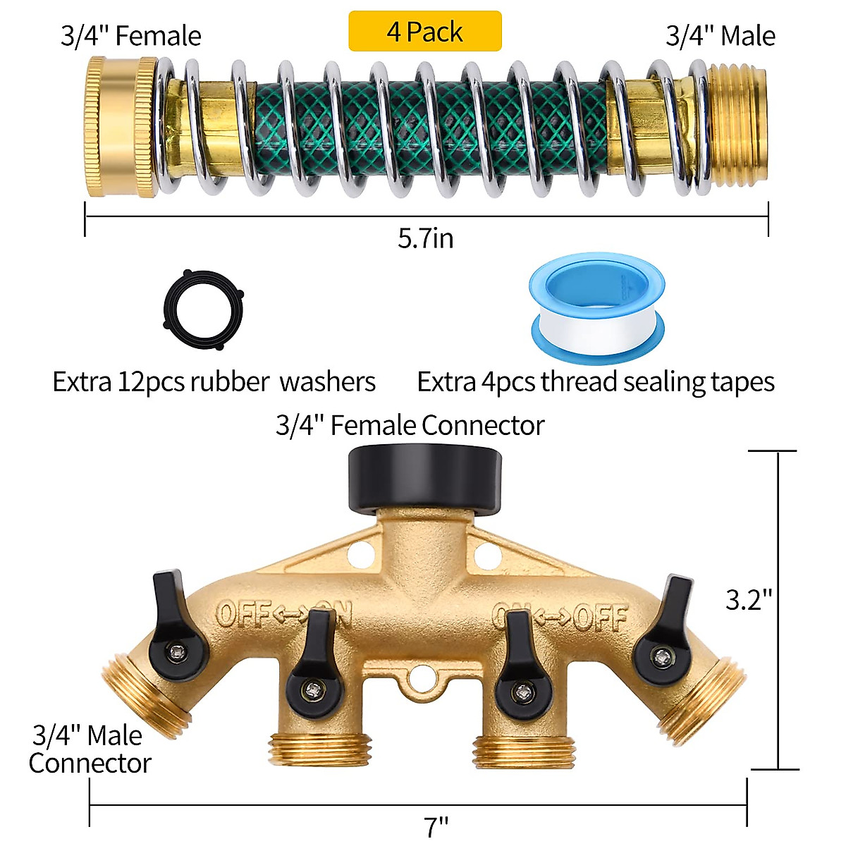 4 Way Hose Splitter with 4Pcs Garden Hose Extension Adapter, Brass Garden Hose Splitter Set, Hose Spigot Adapter with 4 Valves and 12 Rubber Washers & 4 Tapes (4 Way Splitter with 4Pcs hose protector)