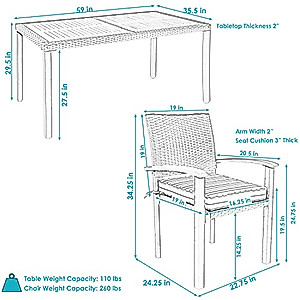 Sunnydaze Carlow Outdoor Dining Set - 7-Piece Rattan and Acacia Outside Patio Furniture - 1 Table and 6 Chairs with Thick Seat Cushions - Blue Stripe