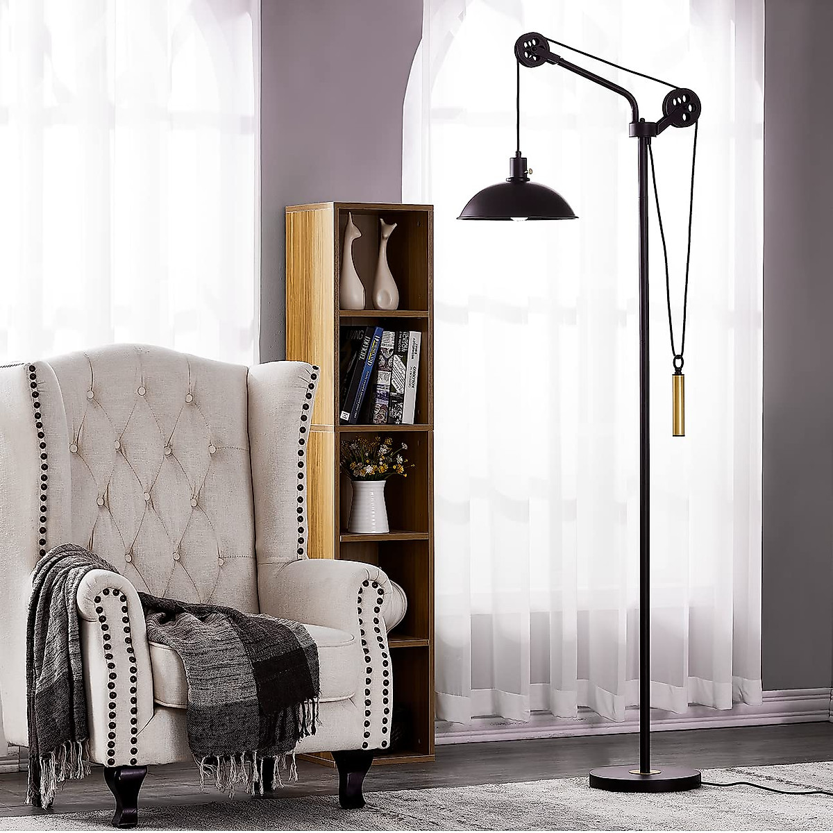 LeeZM Dimmable Industrial Floor Lamp for Living Room,Rustic Farmhouse Floor Lamps with Pulley System, Modern Reading Pole Task Lamp, Vintage Arched Tall Standing Lamp for Bedroom Office, Deep Bronze