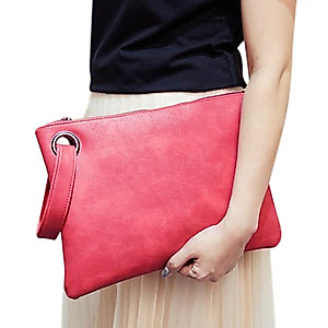 C.C-US Women Oversized Envelope Handbag Soft Leather Clutch Evening Bag Purse with Wrist Strap (Red)