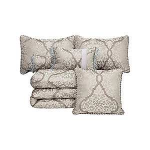 Chezmoi Collection Noelle 7-Piece Cal King Bedding Set Silver Gray Brown Floral Medallion Jacquard Comforter Set, California King Size