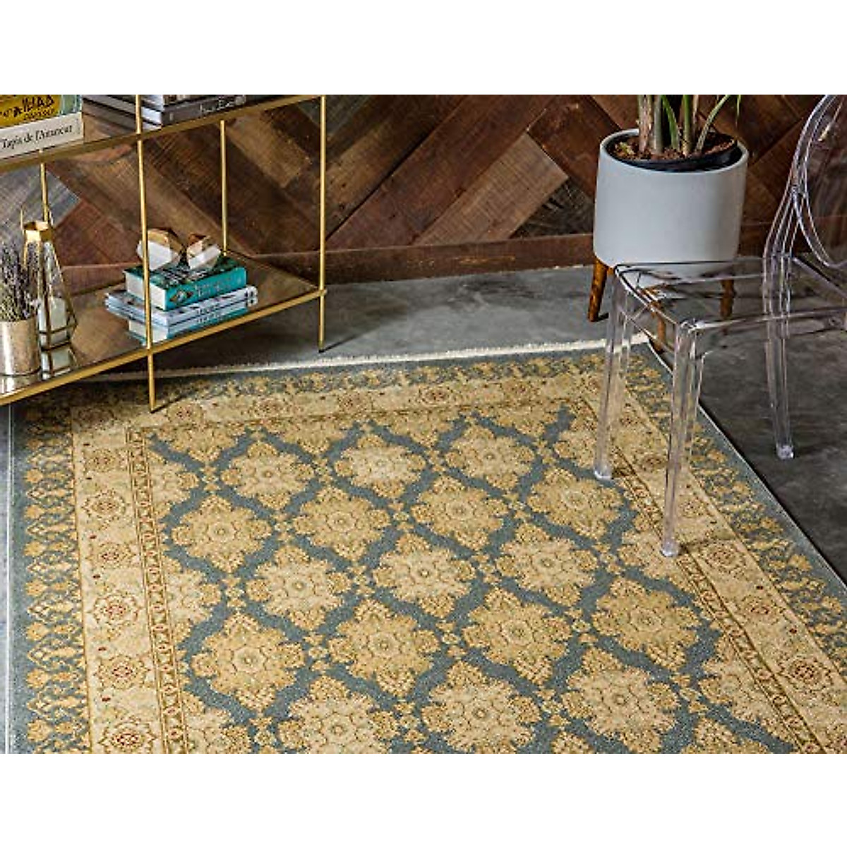 Unique Loom Edinburgh Collection Area Rug-Zinnia, 9 ft x 12 ft, Blue/Beige