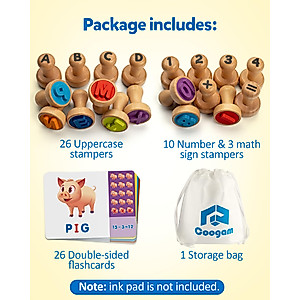 Coogam Wooden Alphabet Number Stamp Flashcard, ABC Spelling Letter Stampers and Mathematics Learning Number Stampers Arts and Crafts Supplies, Montessori Educational Toy Gifts for 3 4 5 Year Old