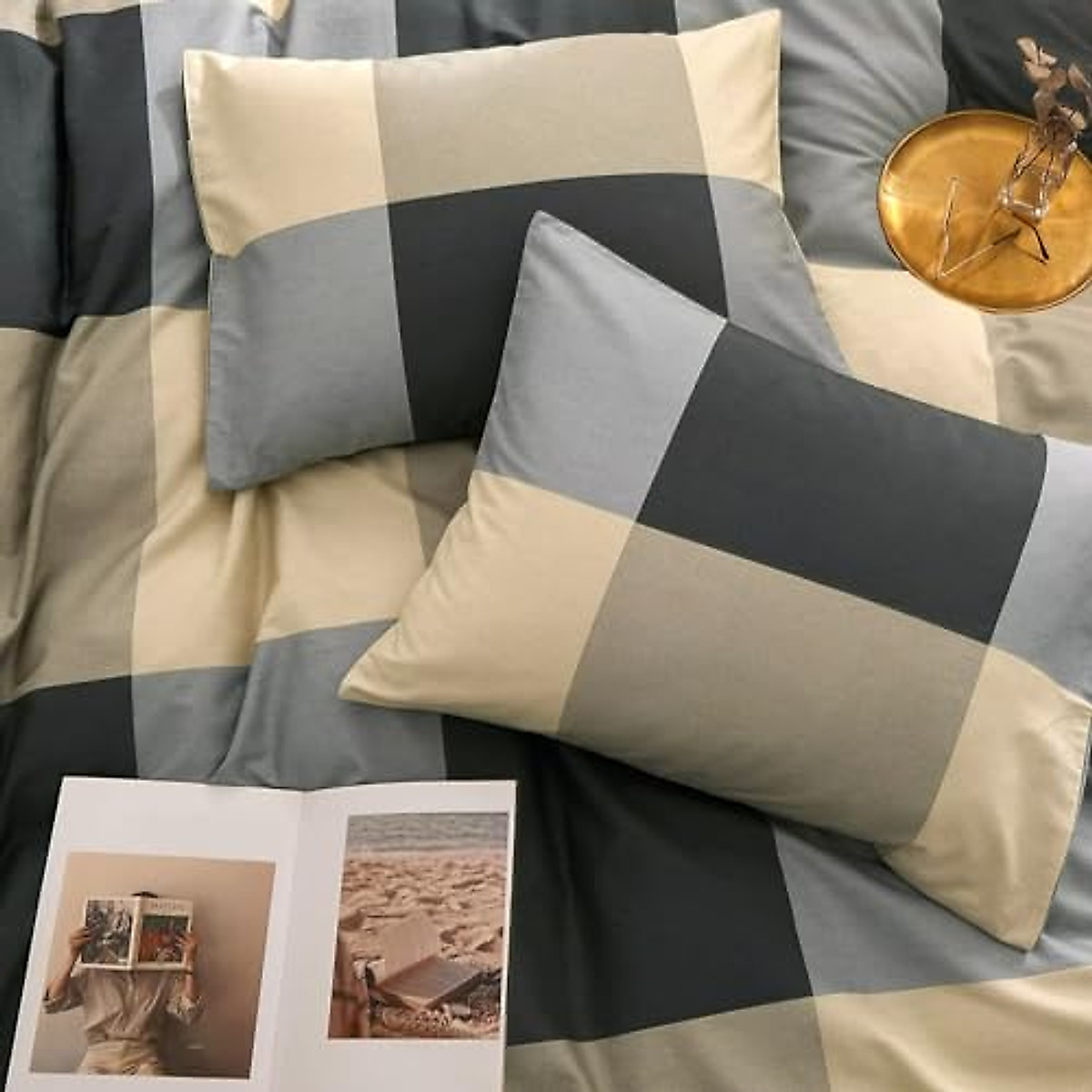 VClife Cotton Duvet Cover Queen, Modern Beige Black Grey Grid Printed Bedding Sets, 3 PCS Simple Queen Size Geometric Duvet Cover for All Season, Zipper Closure & Corner Ties, Easy Care, Breathable