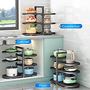 Pots and Pans Organizer for Cabinet, 6 Tier Snap-on and Adjustable Pan Organizer Rack for Under Cabinet, Pot Organizer for Kitchen Storage, Pot Lid Organizer with Panels (6 Tier, Round)
