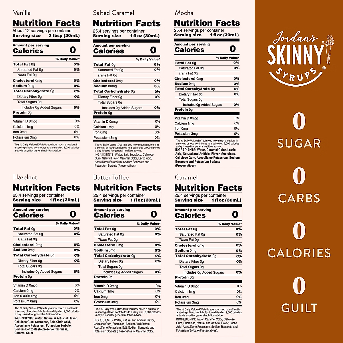 Jordan's Skinny Syrups Sugar Free Coffee Syrup, Vanilla, Salted Caramel, Hazelnut, Mocha, Butter Toffee, and Caramel Syrups, Zero Calorie Flavoring, 25.4 Fl Oz (Pack of 6), Sampler Variety Pack
