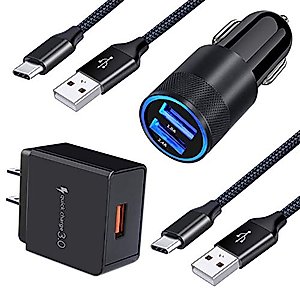 Car Charger Adapter+Quick Charge 3.0 Wall Charger Block Plug+6ft USB Type C Fast Charging Cable for Samsung Galaxy S23 S22 S21 S20 Ultra FE Plus 5G S10 Note20/10 Z Fold4/Flip4 A54 A34 A14 A03S A13 A20
