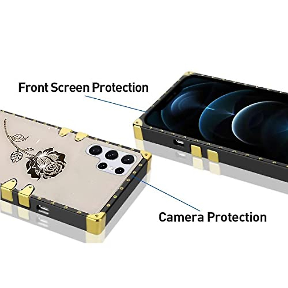 for Samsung S23 Ultra 5G Phone Case,Babemall Luxury Bling Diamond Rose Stylish Protective TPU Cover with Reflective Neck Strap （White）