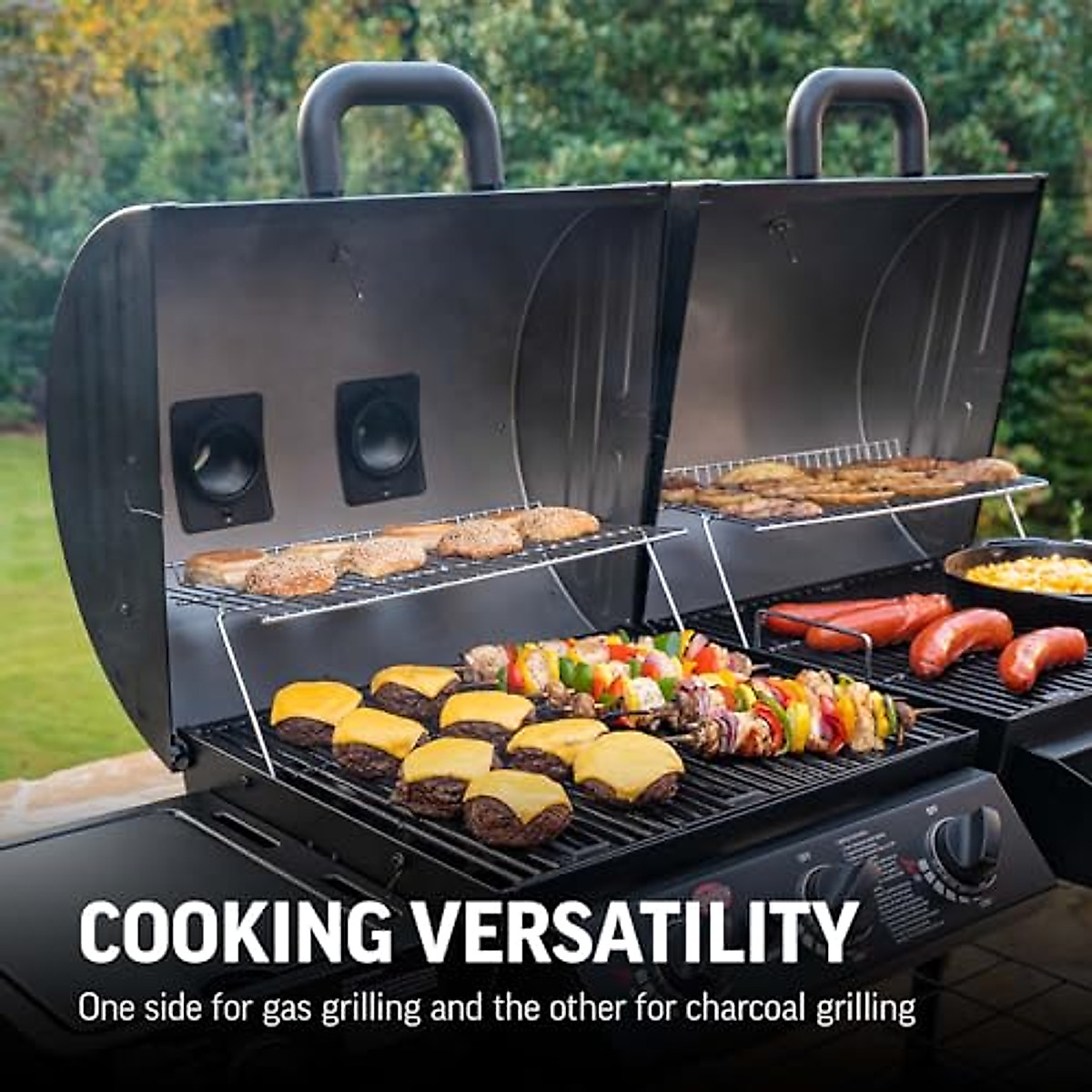 Char-Griller 3070 Texas Trio 3-Burner Dual Fuel Grill with Smoker in Black
