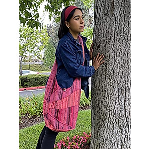 Pink Embroidered Peace and Sunrise Sling Crossbody Purse Boho Handbag Large