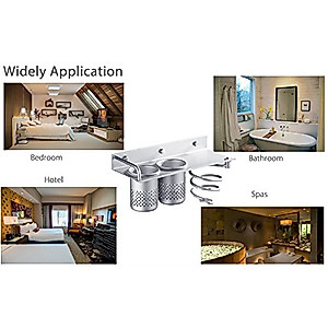 Lmeison Wall Mounted Hair Dryer, Bathroom Hair Care & Styling Tool Organizer Storage Basket, Aluminum Hanging Rack Organizer with 2 Cups for Flat Iron, Curling Wand, Hair Straighteners, Brushes